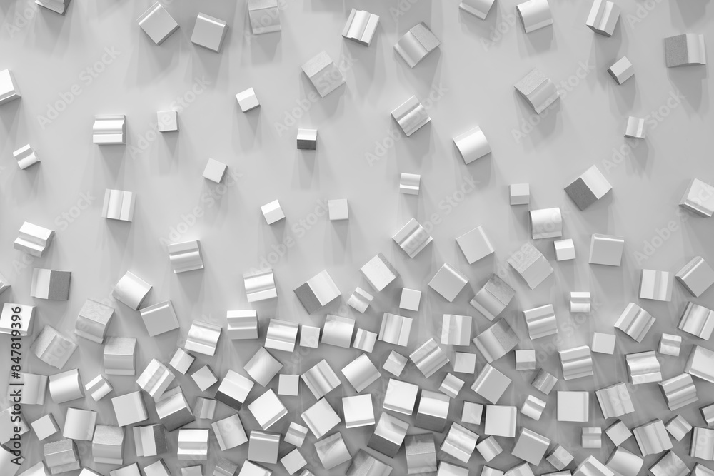 White background textured abstract collage of silver cubes arranged in ...