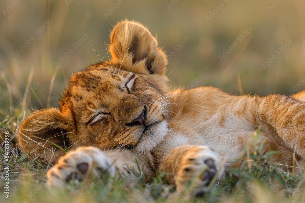 Baby Lion: A playful lion cub with big paws and a tufted tail, lying on ...