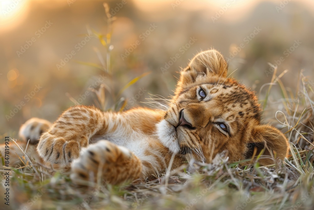 Baby Lion: A playful lion cub with big paws and a tufted tail, lying on ...