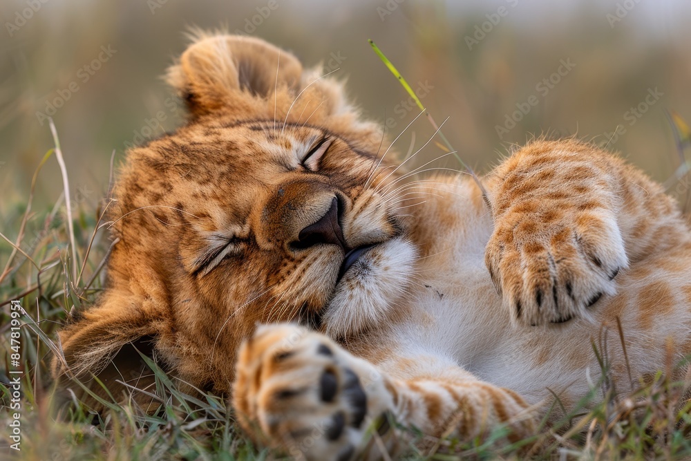 Baby Lion: A playful lion cub with big paws and a tufted tail, lying on ...
