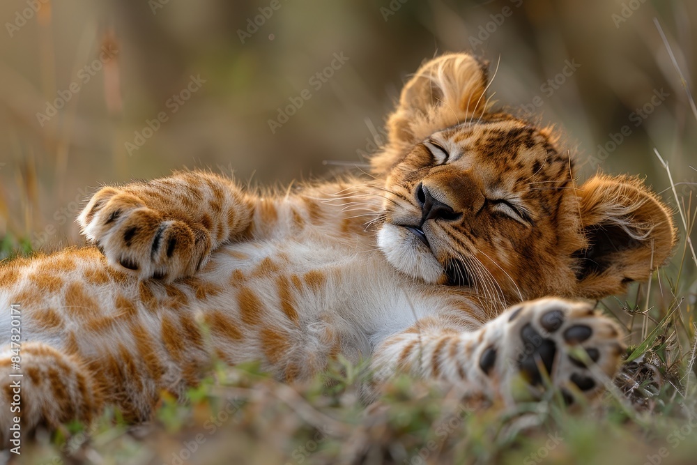 Baby Lion: A playful lion cub with big paws and a tufted tail, lying on ...