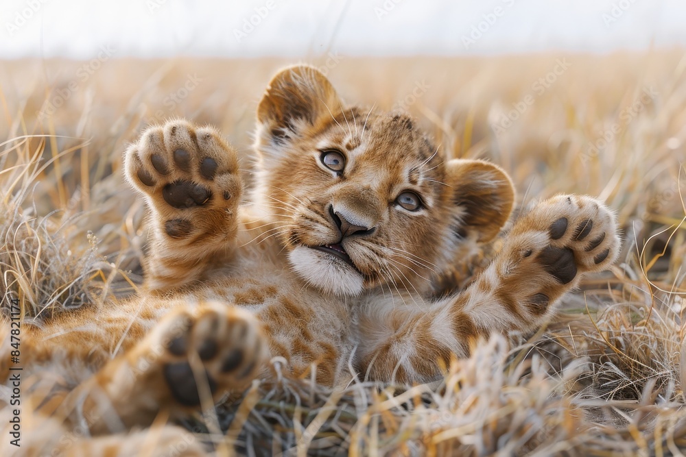 Baby Lion: A playful lion cub with big paws and a tufted tail, lying on ...