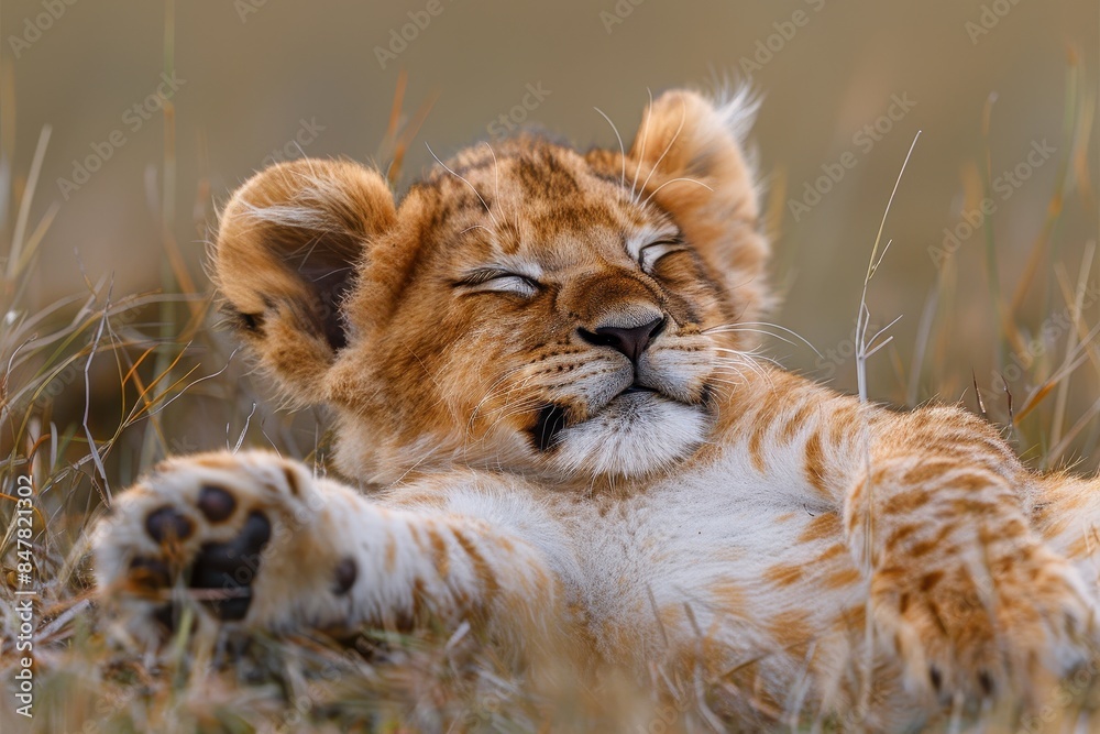 Baby Lion: A playful lion cub with big paws and a tufted tail, lying on ...