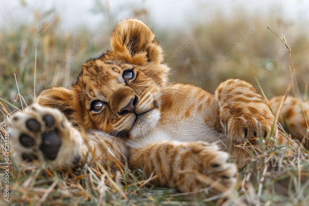 Baby Lion: A playful lion cub with big paws and a tufted tail, lying on ...