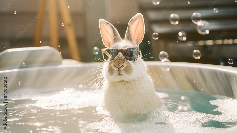 Cute White Rabbit Wearing Sunglasses Relaxing in a Bubble-Filled Hot ...