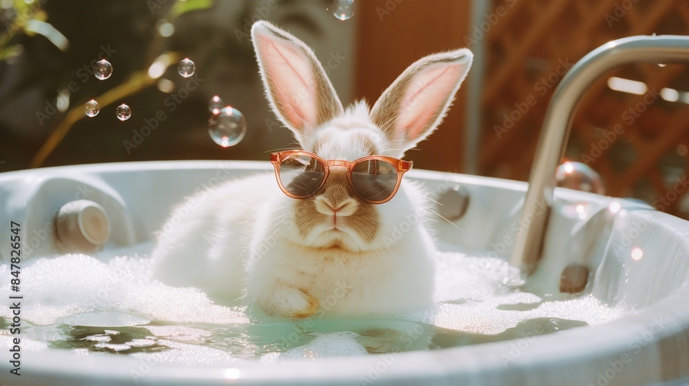 Cute White Rabbit Wearing Sunglasses Relaxing in a Bubble-Filled Hot ...