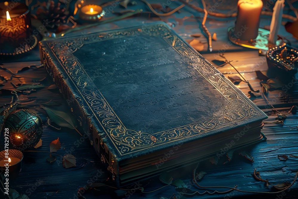 Ancient magical book with ornate cover on a mysterious table surrounded ...