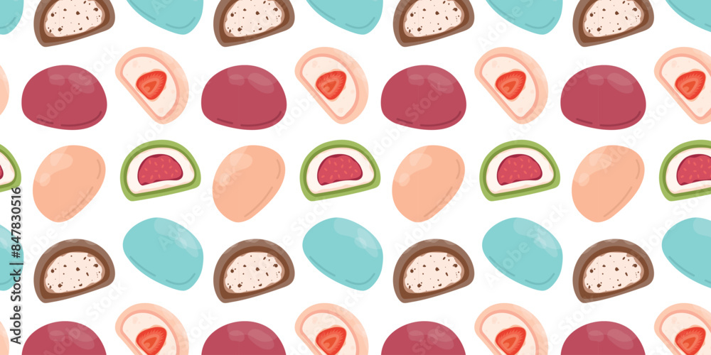 Mochi seamless pattern. Japanese Mochi with different fillings on white ...