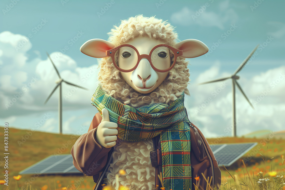 Cartoon sheep character giving a thumbs-up, standing in front of wind ...