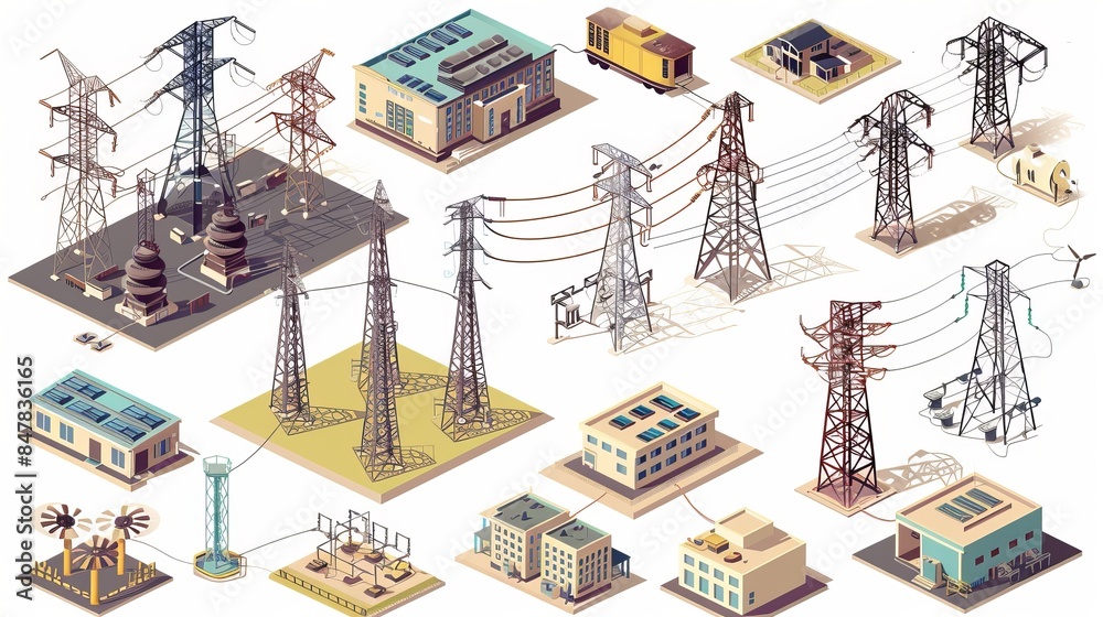 A set of electric power objects, including an isometric vector ...