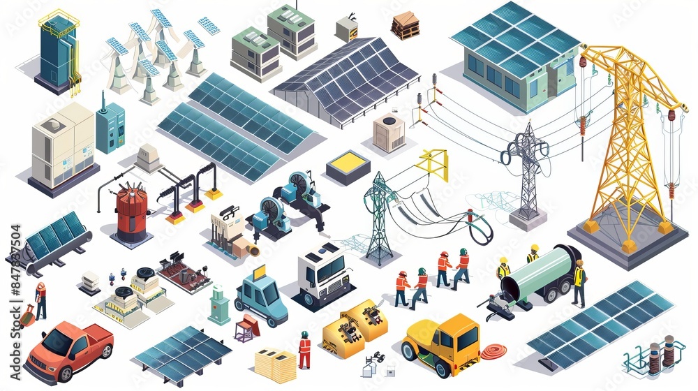 An isometric set of electricity icons featuring solar panels, power ...