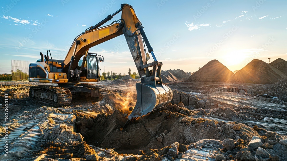 excavator breaking ground on a new construction site, surrounded by ...