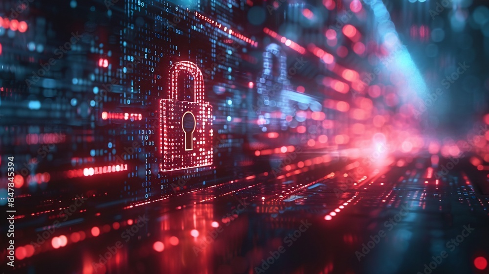 Digital security lock symbol in a futuristic cyber environment, isolated on transparency PNG ...