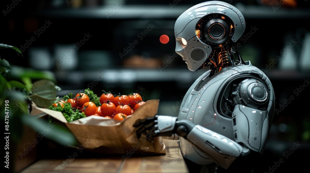 Humanoid robot packages carefully fresh vegetables in a paper bag ...