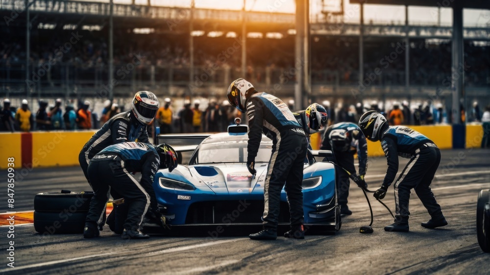 Professional pit crew ready for action as their team's race car arrives in the pit lane during a ...
