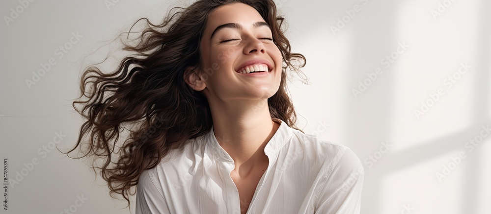 young brunette woman wearing a blouse over white studio background ...