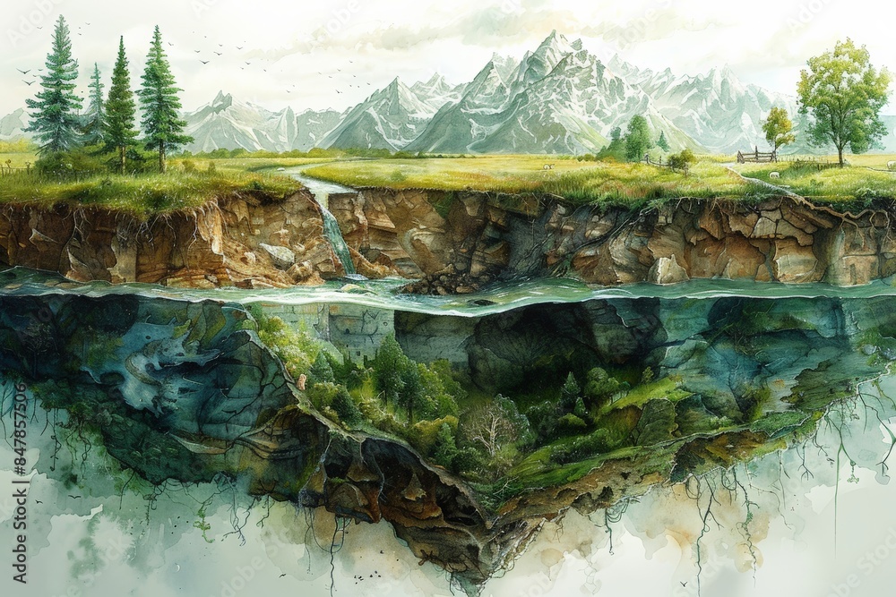 ภาพประกอบสต็อก Illustration showing river flowing through diverse ...