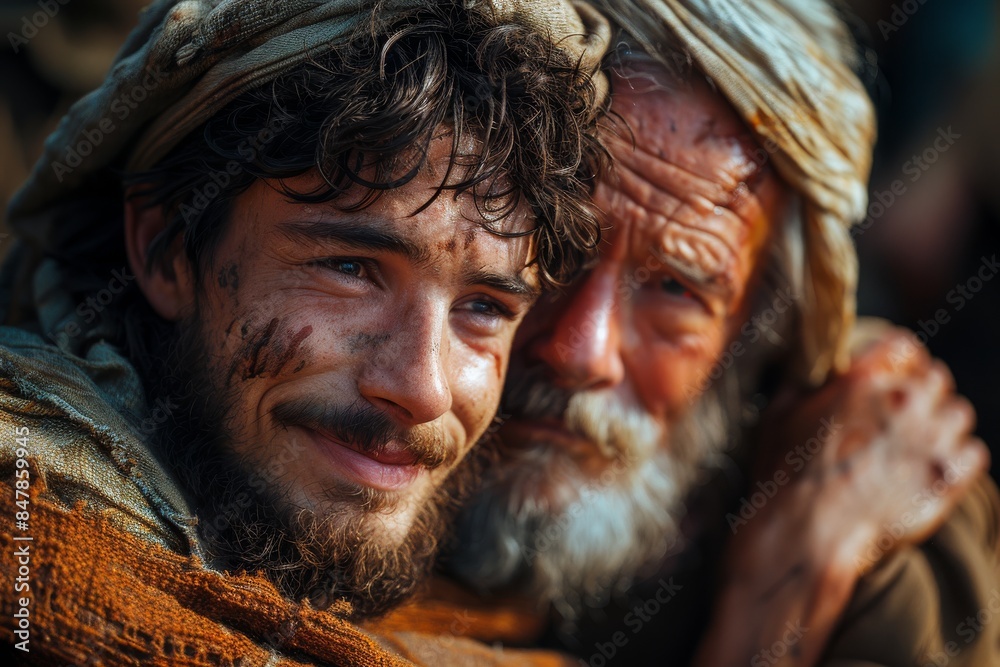 Father embracing his son, Bible story of the prodigal son. Stock Photo ...