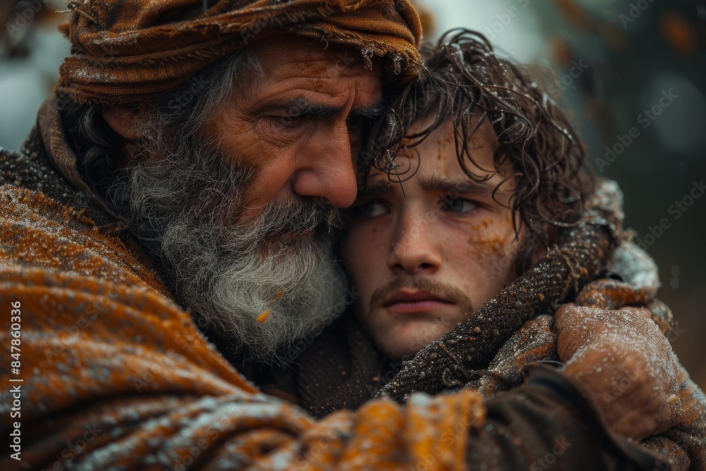 Father embracing his son, Bible story of the prodigal son. Stock Photo ...