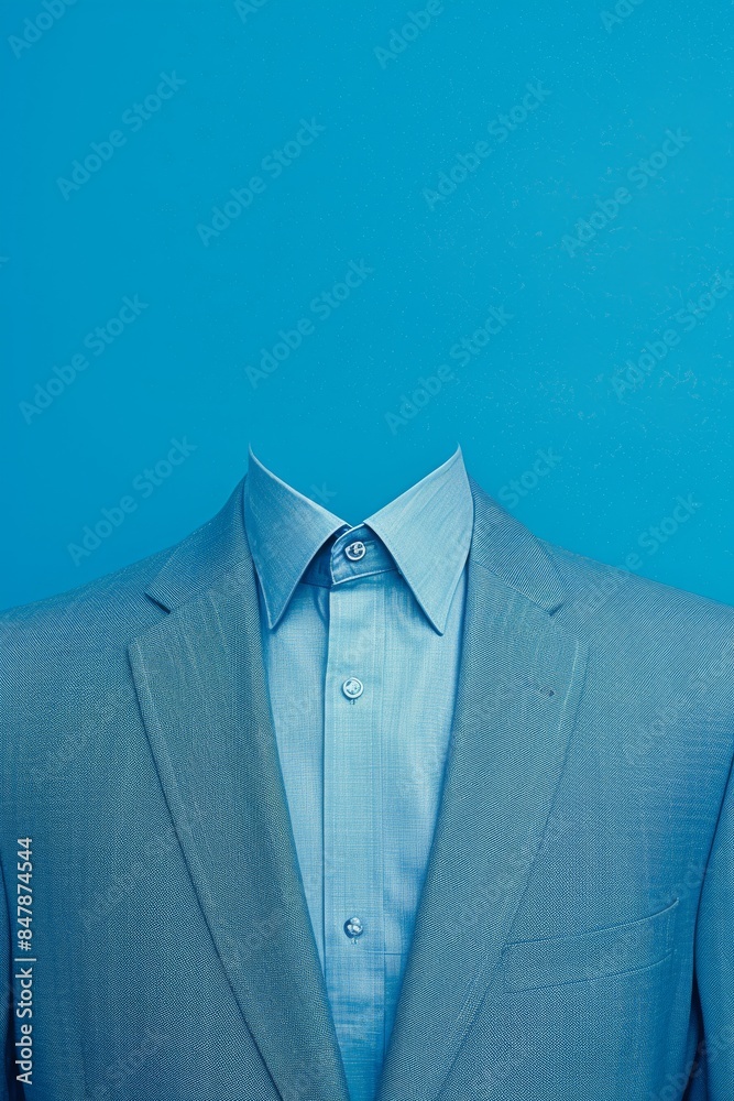 Surreal image of a headless suit against a blue background, symbolizing ...