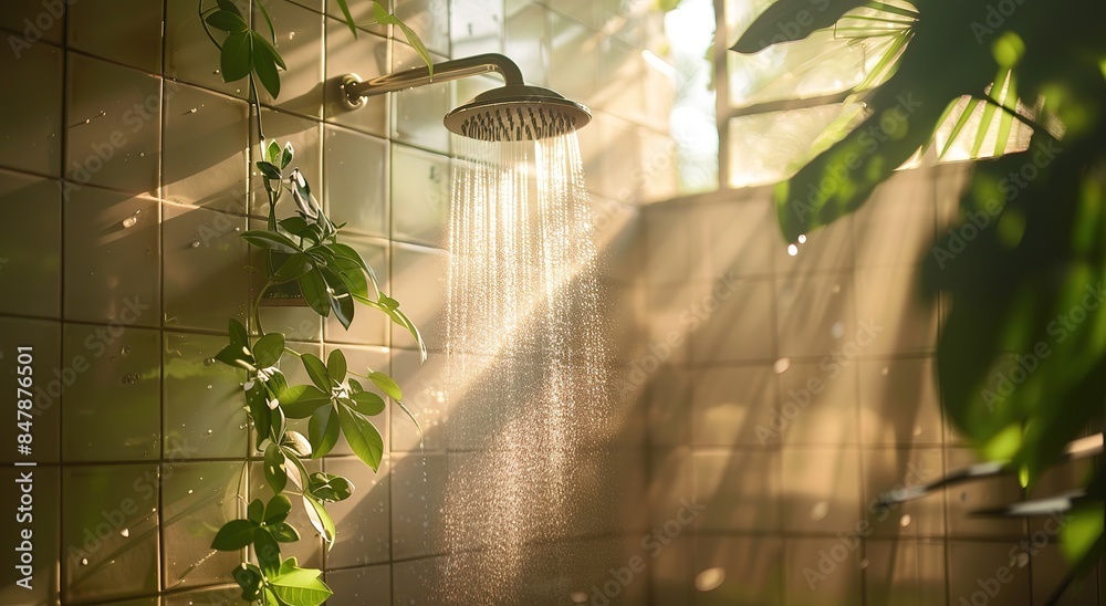 Water drops illuminated by the sun fall from an outdoor shower at ...