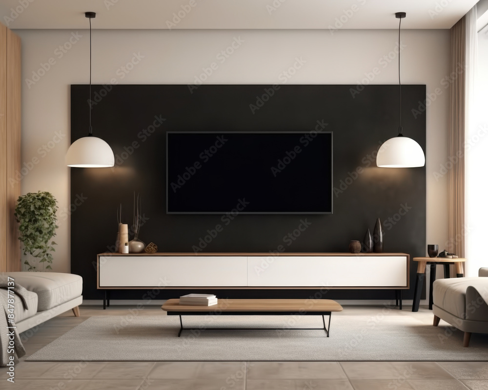 Professional 3D generated Big Flat Screen TV, in a minimalist interior ...
