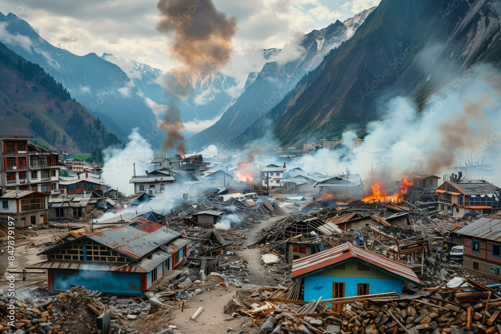 Bombed-out village, with collapsed homes, burning debris, and survivors ...