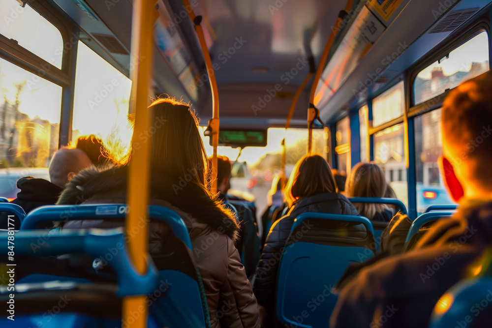 Foto de Crowded city bus during peak hours, with passengers standing shoulder to shoulder ...