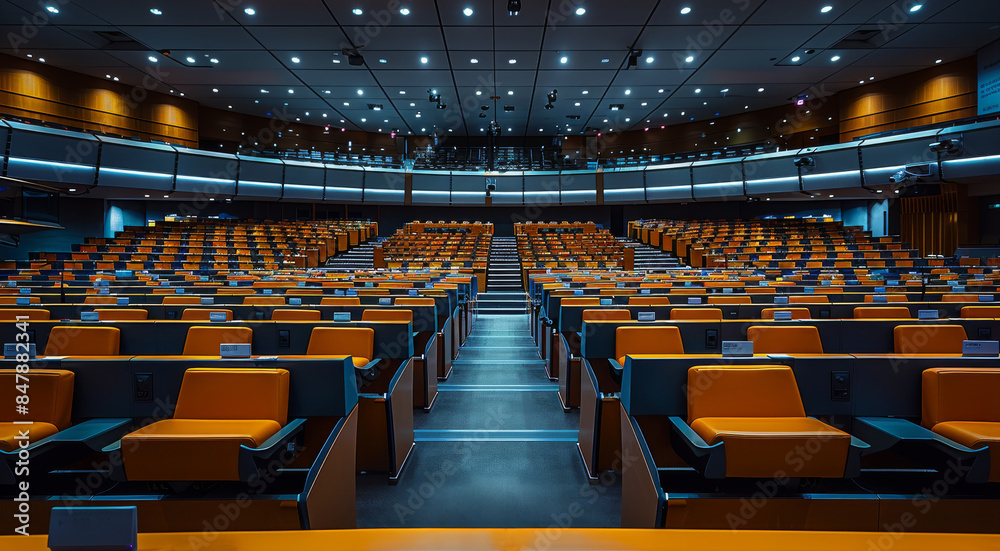 The European parliament is located in the main hall building, with rows ...