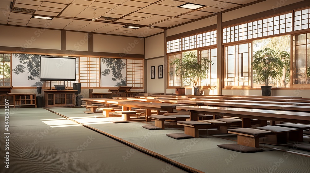 Empty japanese-style classroom interior, traditional tatami flooring ...