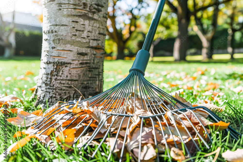 Foto de Raking leaves in the backyard, with piles of fallen leaves ...