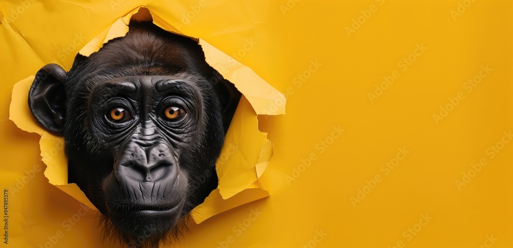 A monkey peeks through a hole in a yellow background. The close-up ...