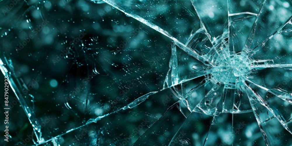 Broken glass with central impact point and greenish tint Stock ...