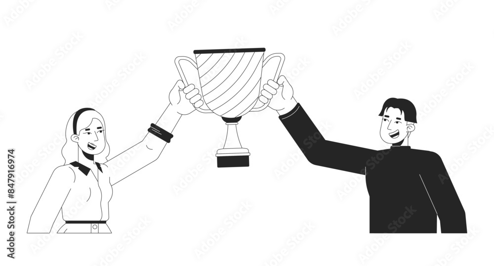 Happy diverse man and woman holding winner cup black and white 2D line ...