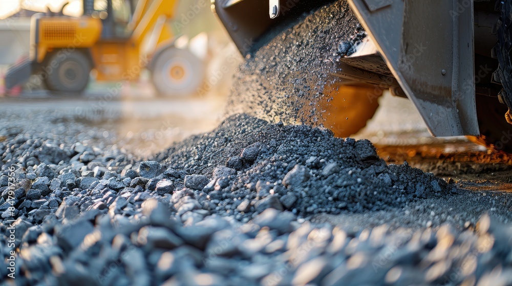 Gravel being dumped from a truck at a road construction site ...