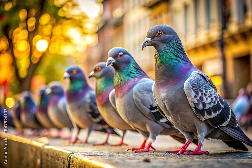 row of pigeon bird on city street pavement. Animal in urban environment ...