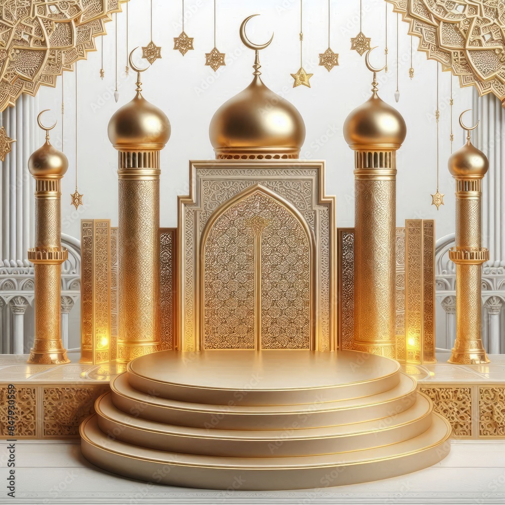 Realistic Islamic product display podium with mosque gate and golden ...
