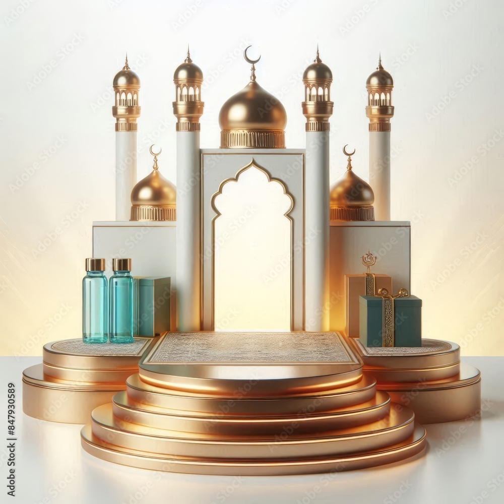 Realistic Islamic product display podium with mosque gate and golden ...