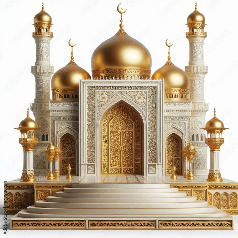 Realistic Islamic product display podium with mosque gate and golden ...