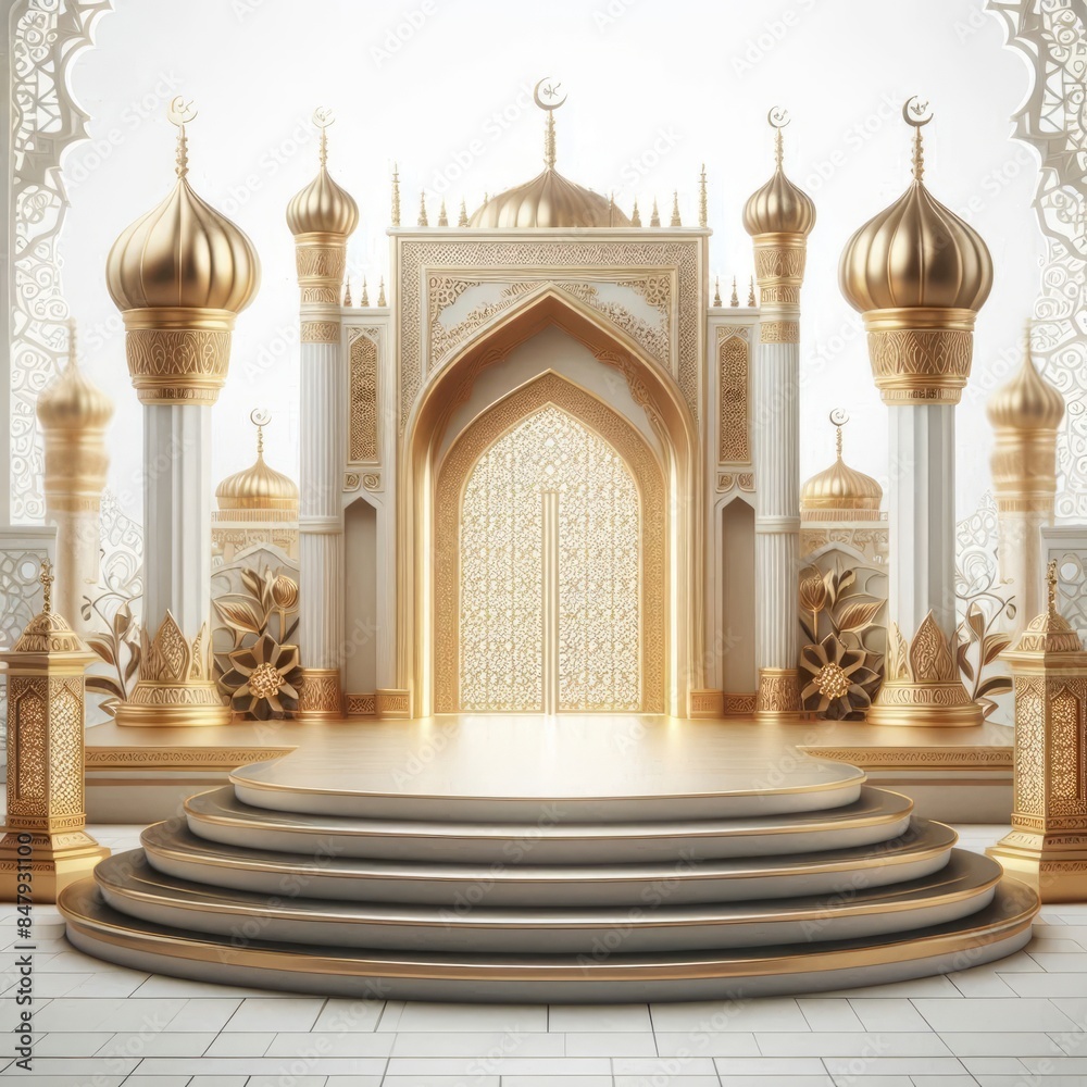 Realistic Islamic product display podium with mosque gate and golden ...