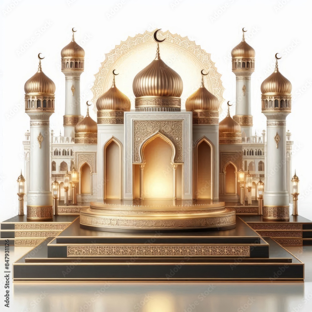 Realistic Islamic product display podium with mosque gate and golden ...