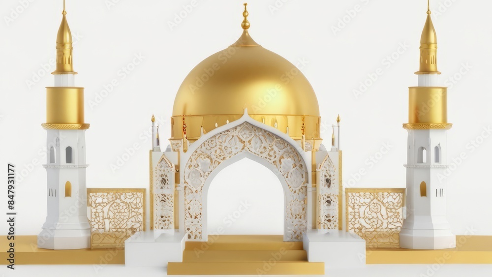 Realistic Islamic product display podium with mosque gate and golden ...