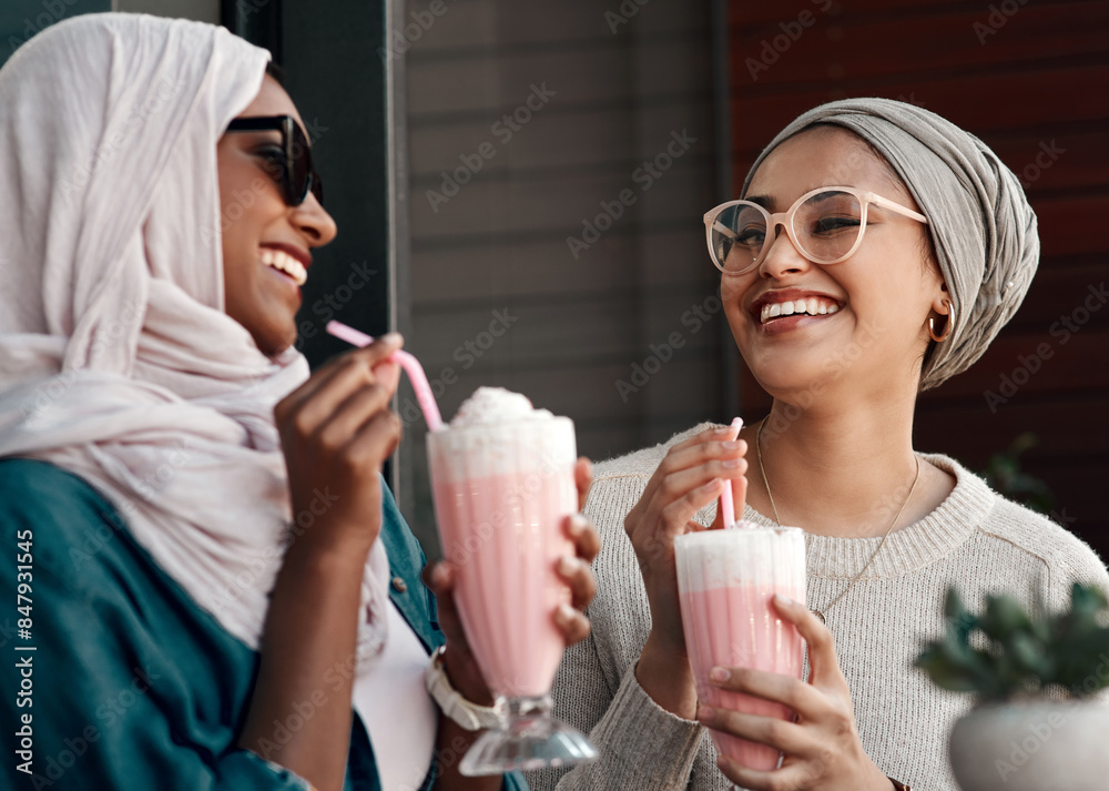 Muslim women, milkshake and happy in restaurant with conversation ...