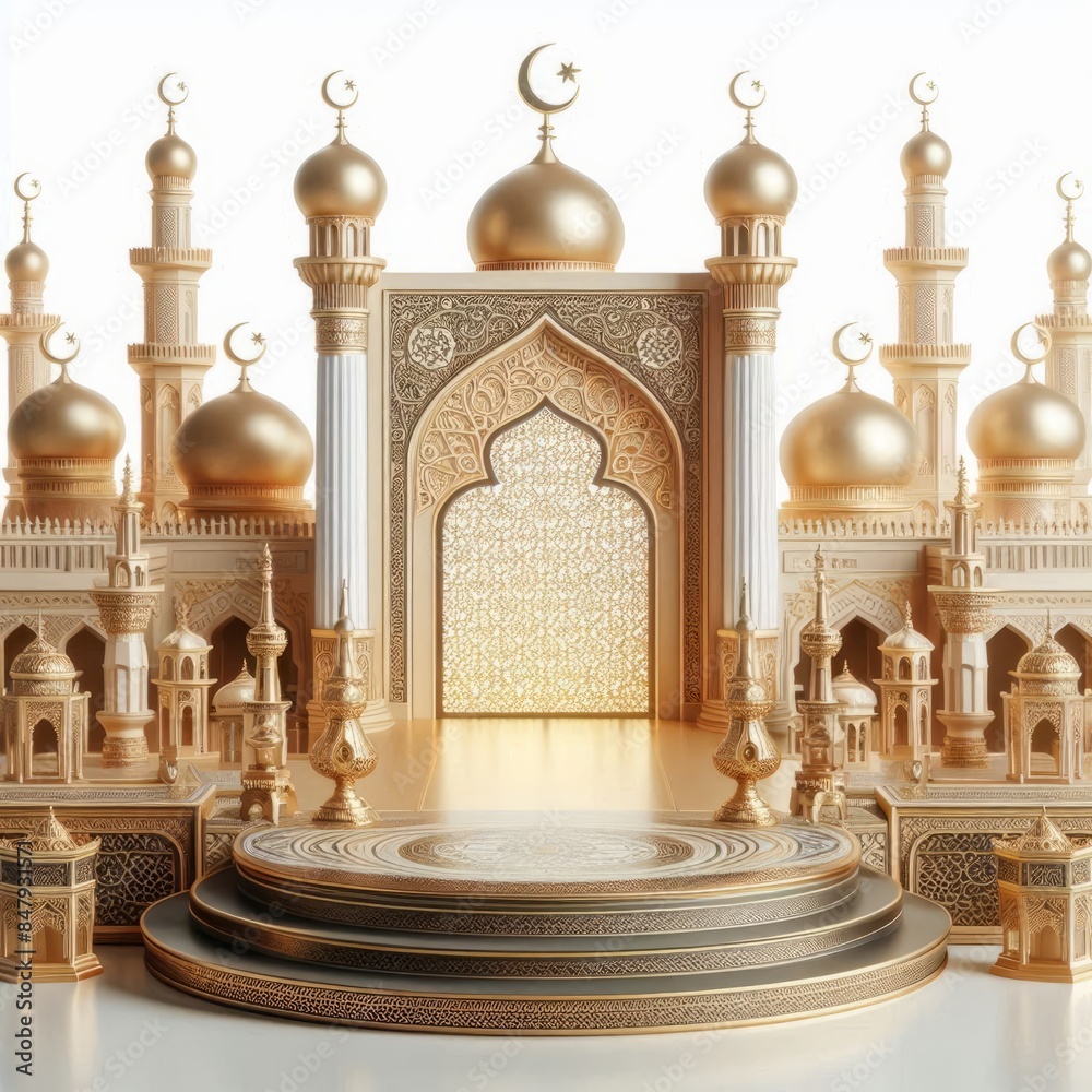 Realistic Islamic product display podium with mosque gate and golden ...