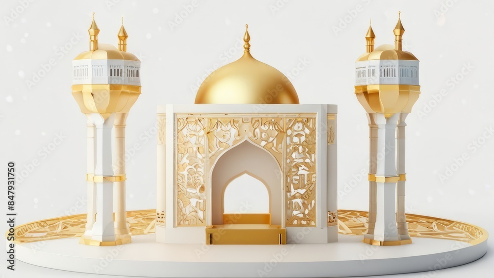 Realistic Islamic product display podium with mosque gate and golden ...