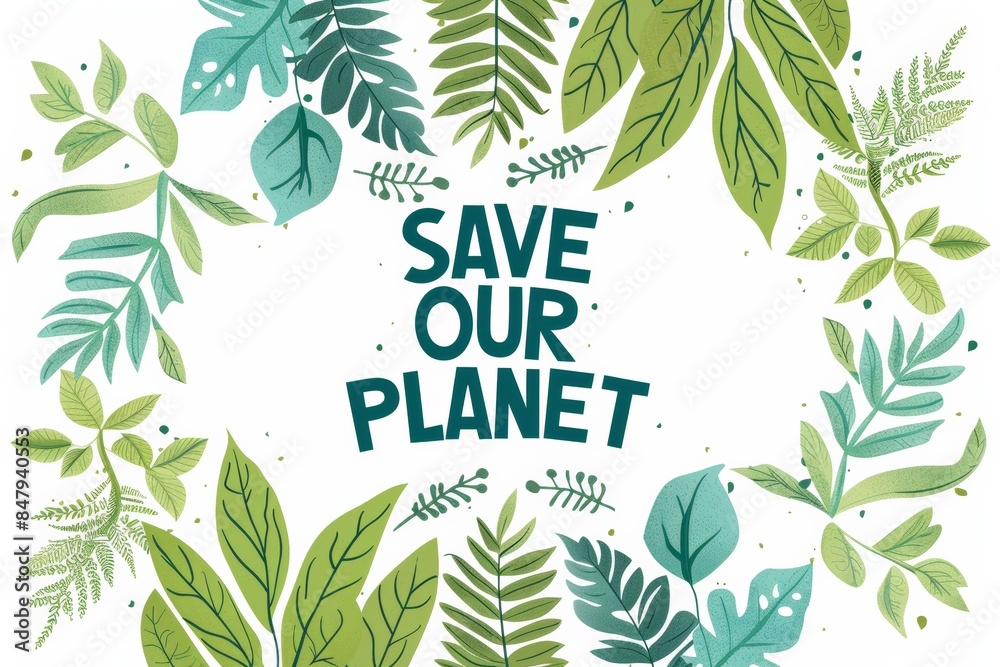 save our planet - text on white with green leaves around banner for eco ...