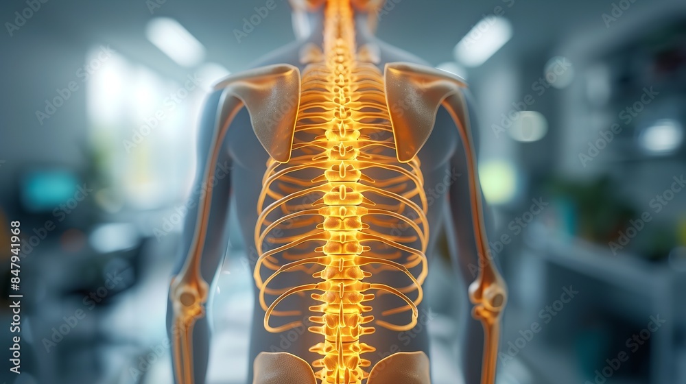 A digital illustration of a human skeleton with a highlighted spinal ...