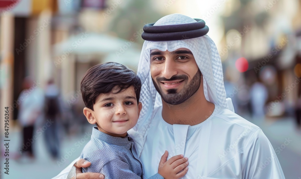 A Middle Eastern father proudly embracing his son in traditional attire ...