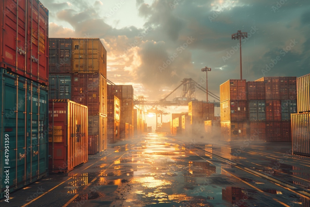 Cinematic View of a Rainy Container Port with Stacked Shipping ...