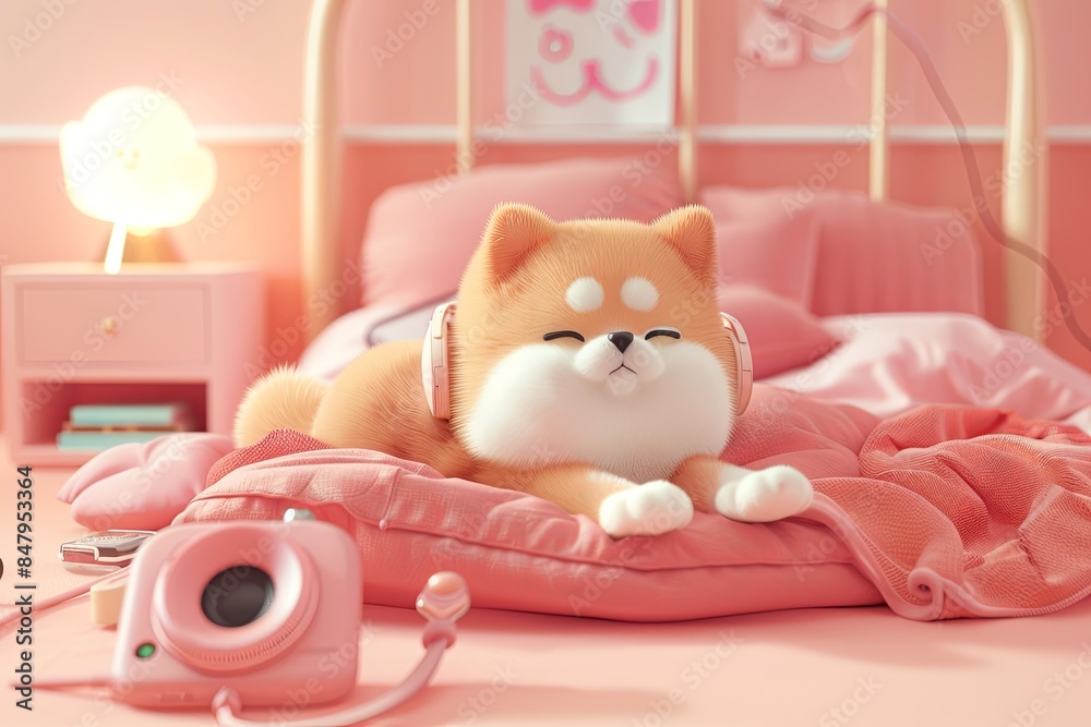 3d kawaii style about chibi little dog lay down on the bed listen the ...